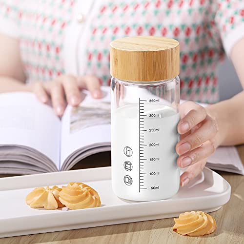 ZDZDZ Bamboo Lid Glass Water Bottle 13Oz Small Glass Water Bottles, Wide Mouth Glass Milk Bottle, Smoothie Glass Bottle with Scale Line