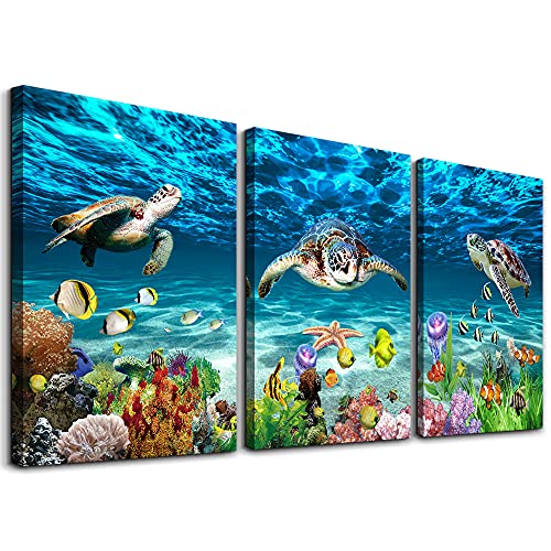 Canvas Wall Art for Living Room family Wall decor for Bedroom Bathroom Wall Decoration blue Ocean Sea Turtle Canvas Art Modern shark Pictures Artwork Paintings office Ready to Hang 12" x 16" 3 Pieces