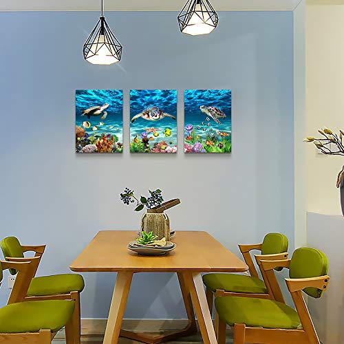 Canvas Wall Art for Living Room family Wall decor for Bedroom Bathroom Wall Decoration blue Ocean Sea Turtle Canvas Art Modern shark Pictures Artwork Paintings office Ready to Hang 12" x 16" 3 Pieces