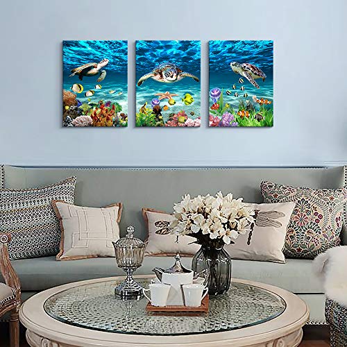 Canvas Wall Art for Living Room family Wall decor for Bedroom Bathroom Wall Decoration blue Ocean Sea Turtle Canvas Art Modern shark Pictures Artwork Paintings office Ready to Hang 12" x 16" 3 Pieces