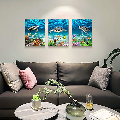 Canvas Wall Art for Living Room family Wall decor for Bedroom Bathroom Wall Decoration blue Ocean Sea Turtle Canvas Art Modern shark Pictures Artwork Paintings office Ready to Hang 12" x 16" 3 Pieces