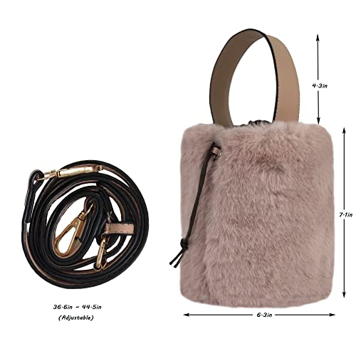 TANJUR Plush Cylinder Bucket Bag Women Vogue Handbag Faux Leather Top-Handle Tote Shoulder Bag (Pink)