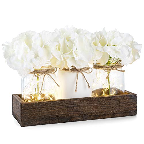 Mkono Mason Jar Table Centerpiece for Dining Room Farmhouse Lighted Dining Coffee Table Decor Wood Tray with 3 Mason Jars Table Fall Centerpiece Decor for Dining Room Bathroom Kitchen, White