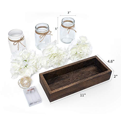 Mkono Mason Jar Table Centerpiece for Dining Room Farmhouse Lighted Dining Coffee Table Decor Wood Tray with 3 Mason Jars Table Fall Centerpiece Decor for Dining Room Bathroom Kitchen, White