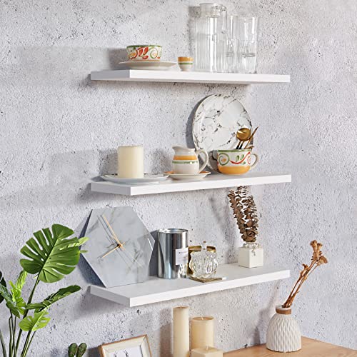 White Floating Shelves Wall Mounted, Decorative Wall Shelf Set of 3 Easy to Install Display Shelves ,Storage Wall Shelves for Bedroom, Living Room, Kitchen, Bathroom, Office and More 19.7''X5.5''