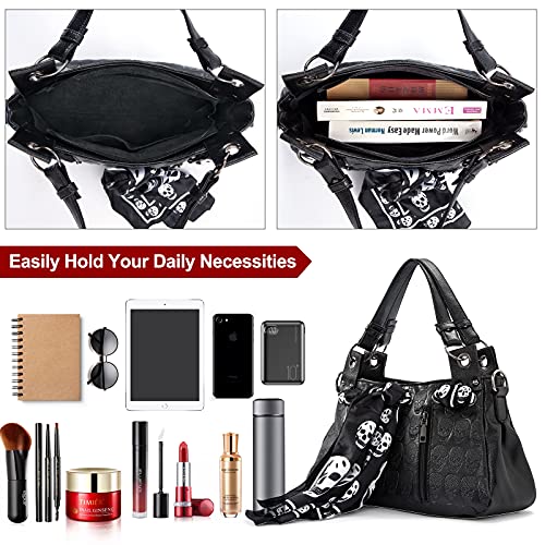 Women Skull Tote Bag Revit Studded Handbag Pu Leather Purse and Wallet 2Pcs Set