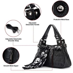 Women Skull Tote Bag Revit Studded Handbag Pu Leather Purse and Wallet 2Pcs Set