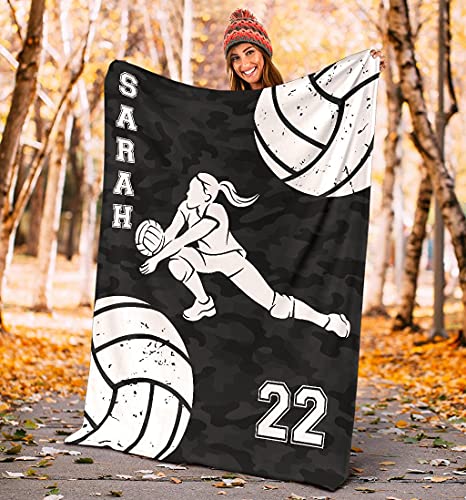 Custom Volleyball Black Camo Libero Volleyball Girl Personalized Name Number Premium Quality Sherpa Fleece Throw Blanket 3D Printed Warm Fluffy Cozy Soft Tv Bed Couch Comfy Microfiber Velvet Plush