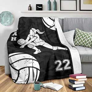 Custom Volleyball Black Camo Libero Volleyball Girl Personalized Name Number Premium Quality Sherpa Fleece Throw Blanket 3D Printed Warm Fluffy Cozy Soft Tv Bed Couch Comfy Microfiber Velvet Plush