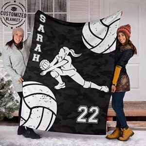 Custom Volleyball Black Camo Libero Volleyball Girl Personalized Name Number Premium Quality Sherpa Fleece Throw Blanket 3D Printed Warm Fluffy Cozy Soft Tv Bed Couch Comfy Microfiber Velvet Plush