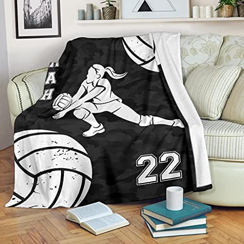 Custom Volleyball Black Camo Libero Volleyball Girl Personalized Name Number Premium Quality Sherpa Fleece Throw Blanket 3D Printed Warm Fluffy Cozy Soft Tv Bed Couch Comfy Microfiber Velvet Plush