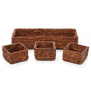 americanflat water hyacinth storage baskets – set of 4 – handwoven and decorative for organizing at home – 1 large and 3 small wicker nesting baskets (walnut color)