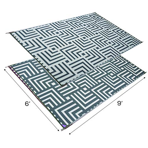 Stylish Camping 276094 6-feet by 9-feet Reversible Mat, Plastic Straw Rug, Large Floor Mat for Outdoors, RV, Patio, Backyard, Picnic, Beach, Camping - Geometric Mat (Olive Green/Beige)