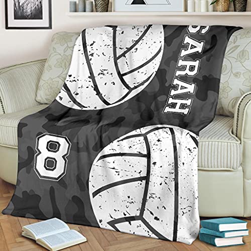 Custom Gift for Black Camo Pattern Volleyball Ball Personalized Name Number Premium Quality Sherpa Fleece Throw Blanket 3D Printed Warm Fluffy Cozy Soft Tv Bed Couch Comfy Microfiber Velvet Plush