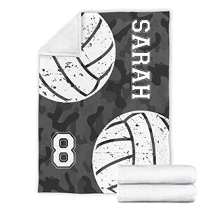 Custom Gift for Black Camo Pattern Volleyball Ball Personalized Name Number Premium Quality Sherpa Fleece Throw Blanket 3D Printed Warm Fluffy Cozy Soft Tv Bed Couch Comfy Microfiber Velvet Plush