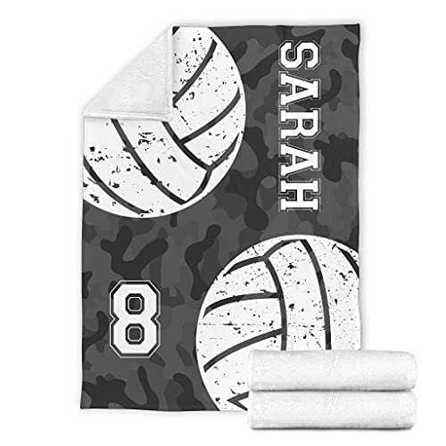 Custom Gift for Black Camo Pattern Volleyball Ball Personalized Name Number Premium Quality Sherpa Fleece Throw Blanket 3D Printed Warm Fluffy Cozy Soft Tv Bed Couch Comfy Microfiber Velvet Plush