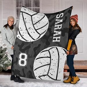 Custom Gift for Black Camo Pattern Volleyball Ball Personalized Name Number Premium Quality Sherpa Fleece Throw Blanket 3D Printed Warm Fluffy Cozy Soft Tv Bed Couch Comfy Microfiber Velvet Plush