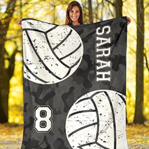 Custom Gift for Black Camo Pattern Volleyball Ball Personalized Name Number Premium Quality Sherpa Fleece Throw Blanket 3D Printed Warm Fluffy Cozy Soft Tv Bed Couch Comfy Microfiber Velvet Plush