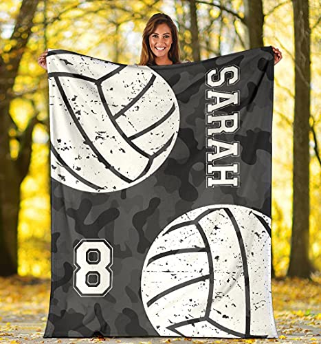 Custom Gift for Black Camo Pattern Volleyball Ball Personalized Name Number Premium Quality Sherpa Fleece Throw Blanket 3D Printed Warm Fluffy Cozy Soft Tv Bed Couch Comfy Microfiber Velvet Plush