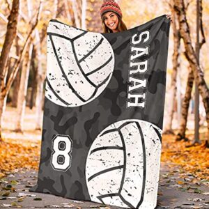 Custom Gift for Black Camo Pattern Volleyball Ball Personalized Name Number Premium Quality Sherpa Fleece Throw Blanket 3D Printed Warm Fluffy Cozy Soft Tv Bed Couch Comfy Microfiber Velvet Plush