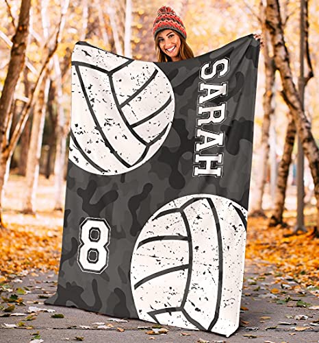 Custom Gift for Black Camo Pattern Volleyball Ball Personalized Name Number Premium Quality Sherpa Fleece Throw Blanket 3D Printed Warm Fluffy Cozy Soft Tv Bed Couch Comfy Microfiber Velvet Plush