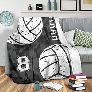 Custom Gift for Black Camo Pattern Volleyball Ball Personalized Name Number Premium Quality Sherpa Fleece Throw Blanket 3D Printed Warm Fluffy Cozy Soft Tv Bed Couch Comfy Microfiber Velvet Plush