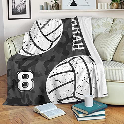 Custom Gift for Black Camo Pattern Volleyball Ball Personalized Name Number Premium Quality Sherpa Fleece Throw Blanket 3D Printed Warm Fluffy Cozy Soft Tv Bed Couch Comfy Microfiber Velvet Plush