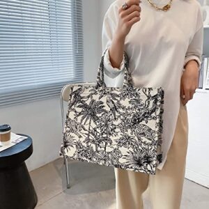 Fashion luxury tote bag cotton linen one shoulder handbag large capacity jacquard embroidery retro exquisite graffiti(L)