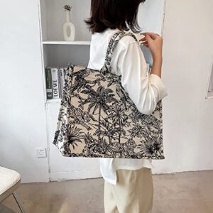 Fashion luxury tote bag cotton linen one shoulder handbag large capacity jacquard embroidery retro exquisite graffiti(L)