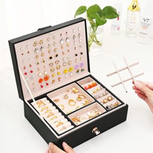 QBestry Stud Earring Organizer for Women Mens Black Jewelry Box for Earrings Necklace Jewelry Organizer,Girls Earring Box for Womens Necklace Holder Rings Organizer Bracelet Earring Storage Case,Black