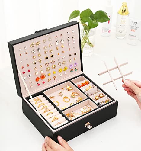 QBestry Stud Earring Organizer for Women Mens Black Jewelry Box for Earrings Necklace Jewelry Organizer,Girls Earring Box for Womens Necklace Holder Rings Organizer Bracelet Earring Storage Case,Black