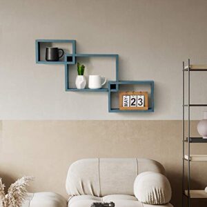 Coral Flower Rustic Wall Mounted Tier Square Shaped Floating Shelves – Set of 3 – Screws and Anchors Included - Farmhouse Wooden Shelves for Bedroom, Living Room and More, rustic blue