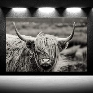 iKNOW FOTO Black and White Canvas Wall Art Highland Cow Cattle Picture Prints Texas Longhorn Painting Farm Animal Artwork for Home Decor Modern Living Room Bedroom Decorations Ready to Hang 32x48inch