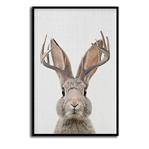 With Frame Jackalope Wall Art Mythical Creature Nursery Rabbit with Antler Print Woodland Animal Decor Modern Canvas Art Easter Decorations Wall Decor 08x12inch Wooden Framed