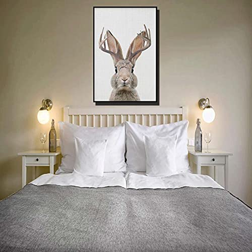 With Frame Jackalope Wall Art Mythical Creature Nursery Rabbit with Antler Print Woodland Animal Decor Modern Canvas Art Easter Decorations Wall Decor 08x12inch Wooden Framed