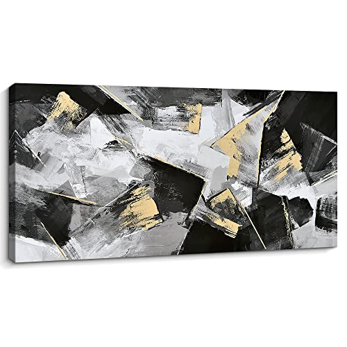 Pigort Canvas Wall Art Shiny Gold and Black White Abstract Canvas Print Wall Decor Large Abstract Painting Modern Home Office Wall Decoration, 20x40 Inch