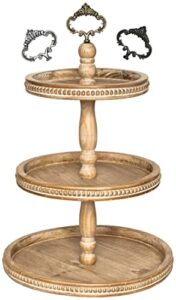 3 tiered tray wooden serving stand by felt creative home goods. large beaded tray for home decor display farmhouse country decoration kitchen or dining. includes 3 finial custom handles (brown)