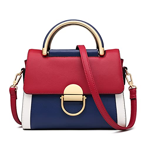 Cow Split Leather Handbags for Women, Ladies Satchel Shoulder Bags with Chain Handle Purses, Women's Crossbody Bags Color Blocking (Blue) One Size