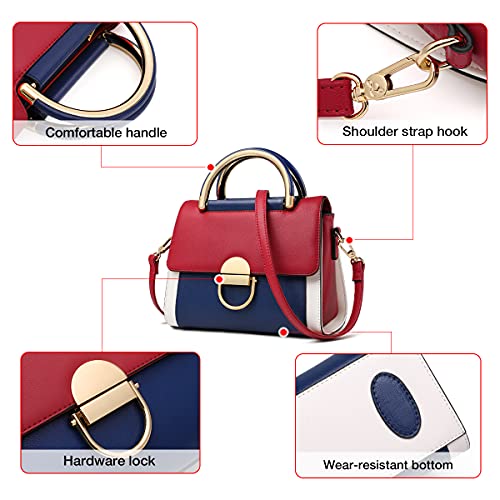 Cow Split Leather Handbags for Women, Ladies Satchel Shoulder Bags with Chain Handle Purses, Women's Crossbody Bags Color Blocking (Blue) One Size