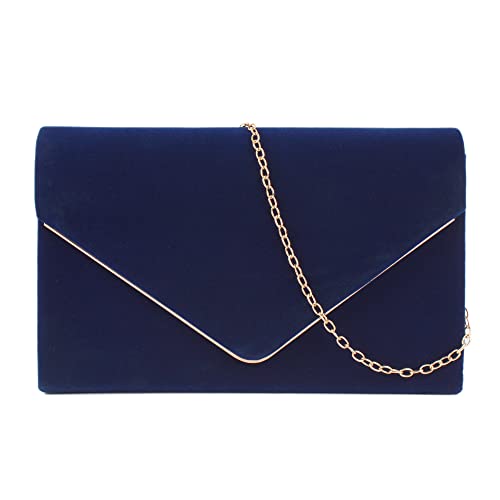 Quniko Elegant Faux Suede Clutch Evening Wedding Handbag Envelope Purse with Chain, Diamond Blue