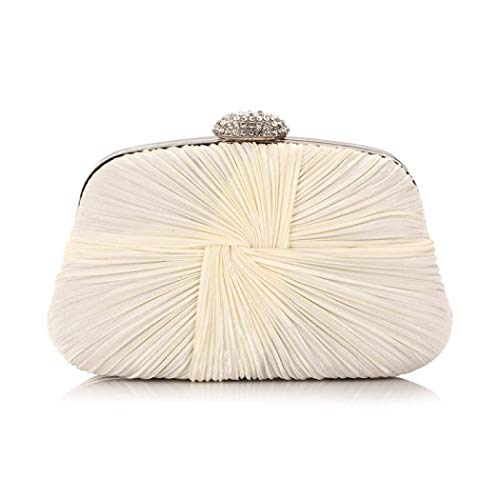 Womens Clutch Bag,Pleated Satin Handbag Lady Pleated Bow Purse Bag with Chain for Prom Wedding Evening Party (Off white)