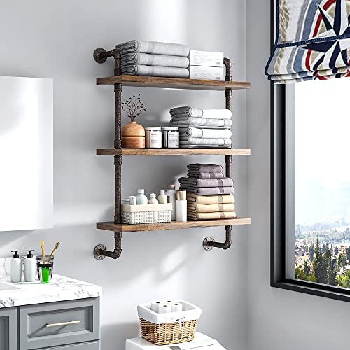 Helsin 3 Tier Industrial Pipe Shelf Rustic Wood Floating Shelves,Wall Display Bookshelf,Storage Rack Sundries Holder for Kitchen Office Bathroom Organization and Home Decor (24inch)