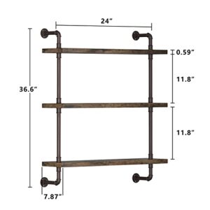 Helsin 3 Tier Industrial Pipe Shelf Rustic Wood Floating Shelves,Wall Display Bookshelf,Storage Rack Sundries Holder for Kitchen Office Bathroom Organization and Home Decor (24inch)