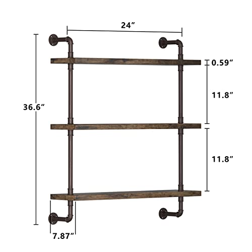 Helsin 3 Tier Industrial Pipe Shelf Rustic Wood Floating Shelves,Wall Display Bookshelf,Storage Rack Sundries Holder for Kitchen Office Bathroom Organization and Home Decor (24inch)