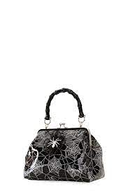 Lost Queen Killian Spiderweb Vintage Kisslock Handbag Glitter Spider Brooch Purse