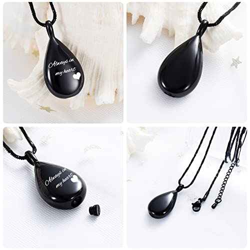 Yinplsmemory Carved Teardrop Keepsake Ashes Necklace Urn Pendant Cremation Memorial Jewelry Always in My Heart Black