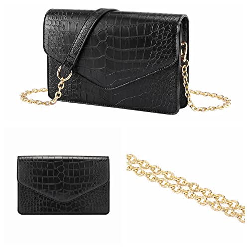 Ayliss Women Small Crossbody Handbag Purse Crocodile Classic Clutch Shoulder Handbag PU Leather Chain Evening Clutch Dress Bag (Black, Small)