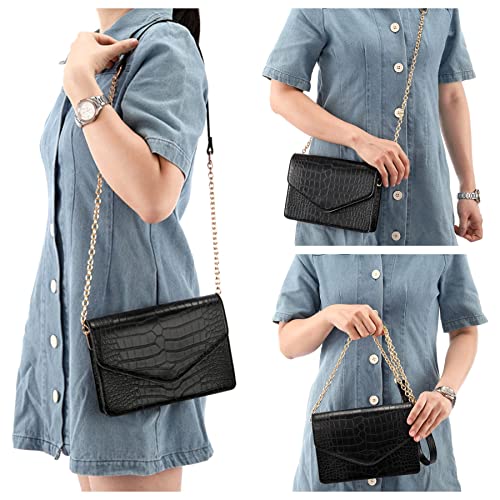 Ayliss Women Small Crossbody Handbag Purse Crocodile Classic Clutch Shoulder Handbag PU Leather Chain Evening Clutch Dress Bag (Black, Small)