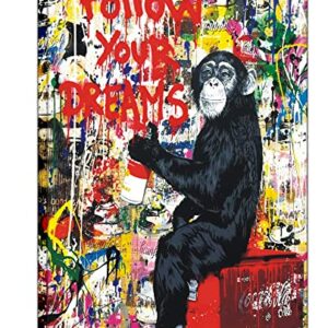 Banksy Street Graffiti Monkey Inspirational quotes Animal Canvas Art for Office Living Room Office Wall Decor Home Decoration Framed Ready to Hang,bedroom decor for men Cave (Graffiti monkey, 24inchx16inch)