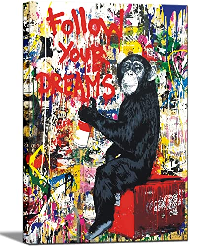 Banksy Street Graffiti Monkey Inspirational quotes Animal Canvas Art for Office Living Room Office Wall Decor Home Decoration Framed Ready to Hang,bedroom decor for men Cave (Graffiti monkey, 24inchx16inch)